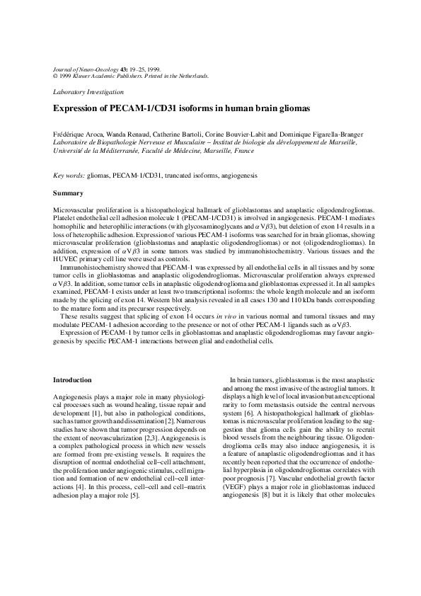 (PDF) Expression of PECAM-1/CD31 Isoforms in Human Brain Gliomas