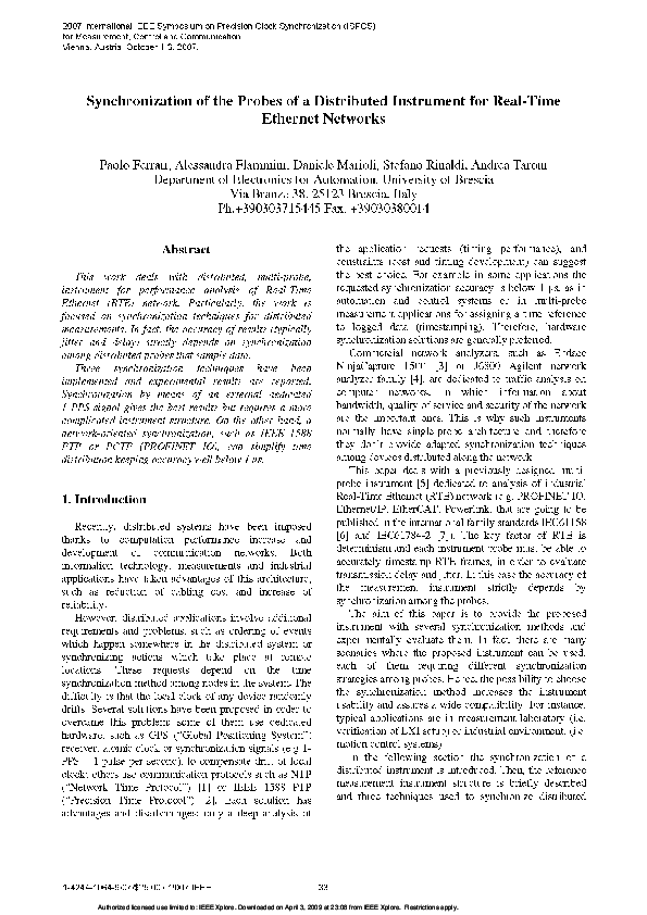 (PDF) Synchronization of the Probes of a Distributed Instrument for Real-Time Ethernet Networks