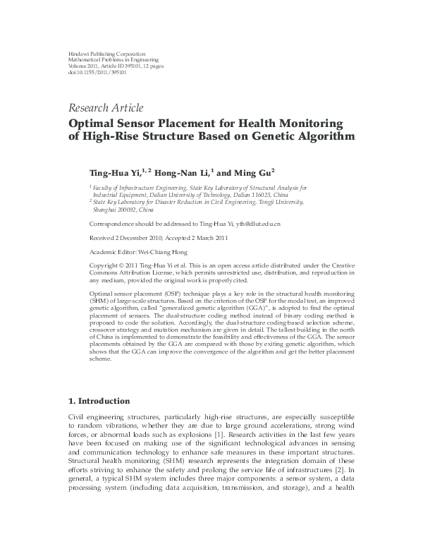 Pdf Optimal Sensor Placement For Health Monitoring Of High Rise Structure Based On Genetic