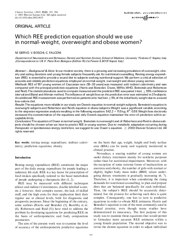 (PDF) Which REE prediction equation should we use in normal-weight ...