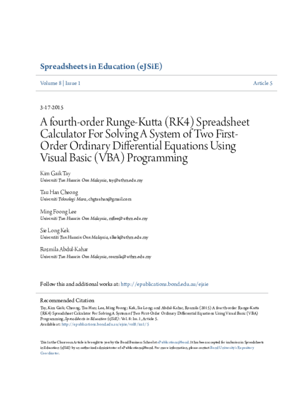 (PDF) A fourth-order Runge-Kutta (RK4) Spreadsheet Calculator For Solving A System of Two First ...
