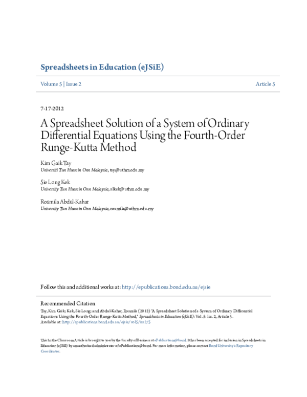 (PDF) A Spreadsheet Solution of a System of Ordinary Differential Equations Using the Fourth ...