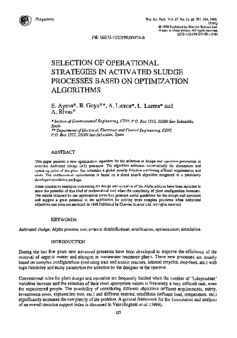 (PDF) Selection of operational strategies in activated sludge processes based on optimization ...