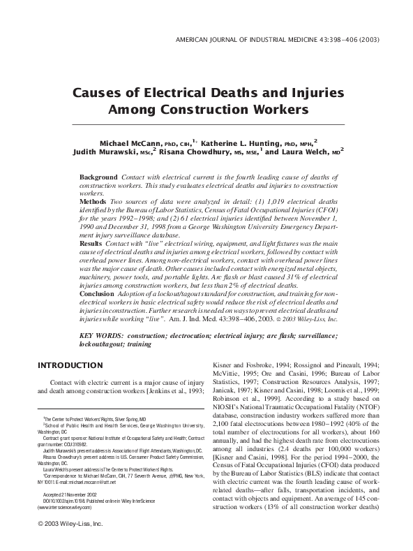 (PDF) Causes of electrical deaths and injuries among construction workers
