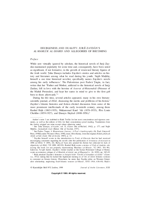 (PDF) Doubleness and Duality: Jurji Zaydān's Al-Mamlūk Al-Shārid and ...