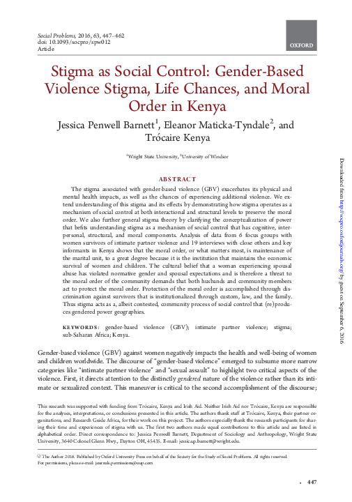 (PDF) Stigma as Social Control: Gender-Based Violence Stigma, Life ...