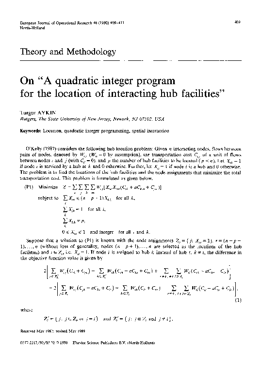 (PDF) On "a quadratic integer program for the location of interacting hub facilities