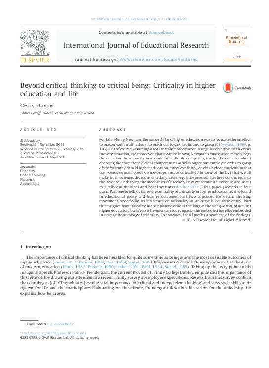 (PDF) Beyond critical thinking to critical being: Criticality in higher ...