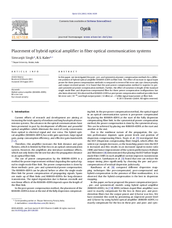 (PDF) Placement of hybrid optical amplifier in fiber optical ...