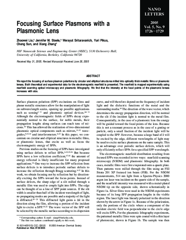(PDF) Focusing Surface Plasmons with a Plasmonic Lens