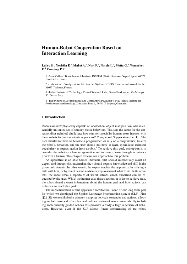 (PDF) Human-Robot Cooperation Based on Interaction Learning | Stéphane ...