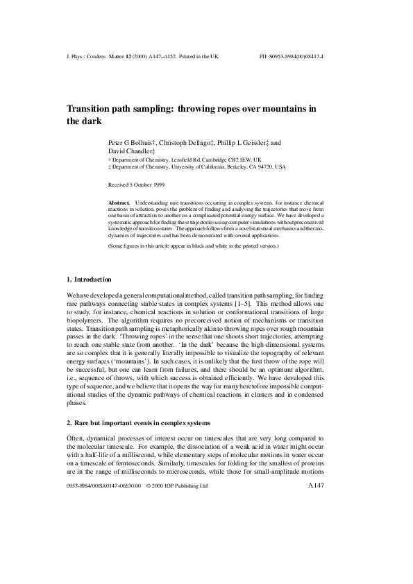 (PDF) Transition path sampling: Throwing ropes over mountains in the dark