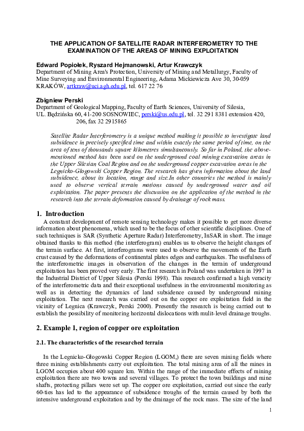 Pdf Application Of Satellite Radar Interferometry To The Examination