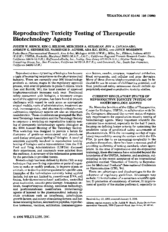 (PDF) Reproductive toxicity testing of therapeutic biotechnology agents