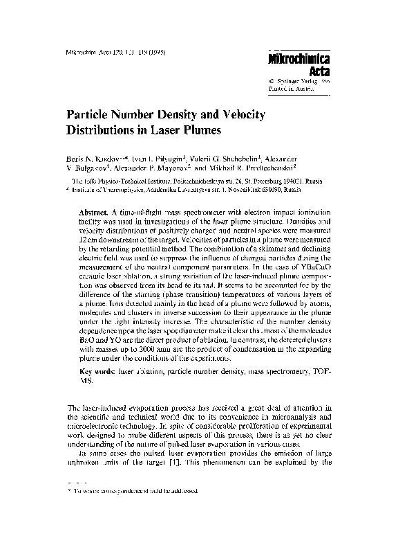 (PDF) Particle number density and velocity distributions in laser plumes