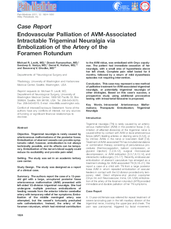 (PDF) Resolution of trigeminal neuralgia by coil embolization of a ...