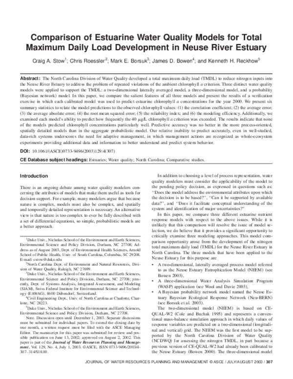 (PDF) Comparison of Estuarine Water Quality Models for Total Maximum Daily Load Development in ...