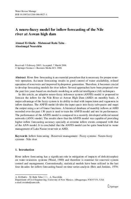 (PDF) A neuro-fuzzy model for inflow forecasting of the Nile river at Aswan high dam
