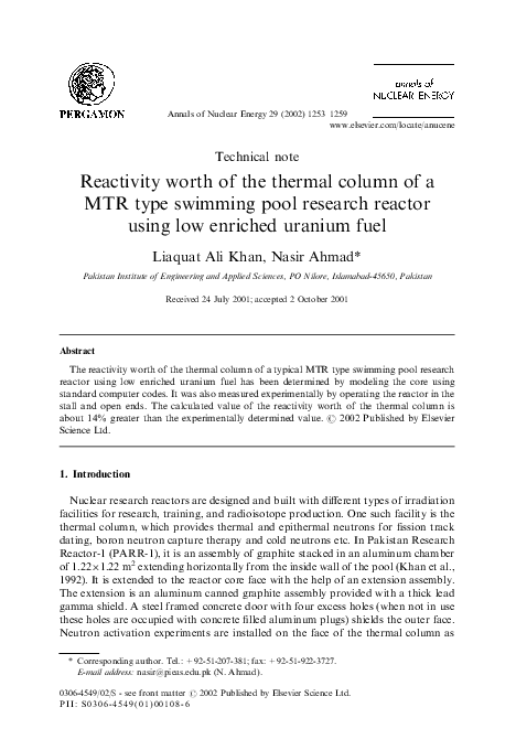 (PDF) Reactivity worth of the thermal column of a MTR type swimming ...