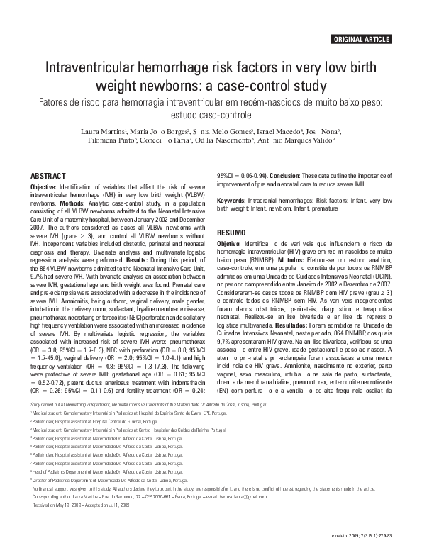 (PDF) Intraventricular hemorrhage risk factors in newborns of very low birth weight: A ...