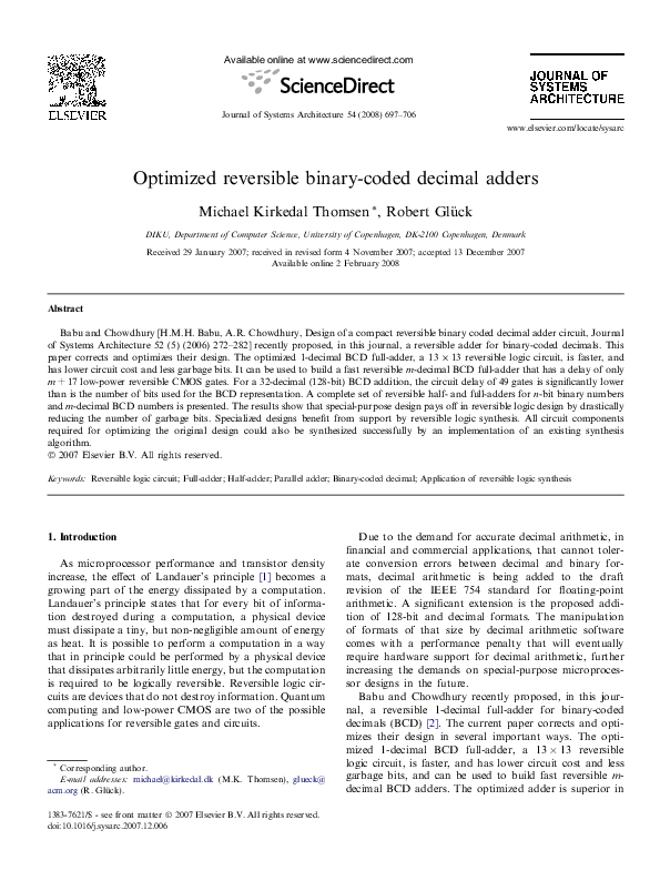 Pdf Optimized Reversible Binary Coded Decimal Adders 