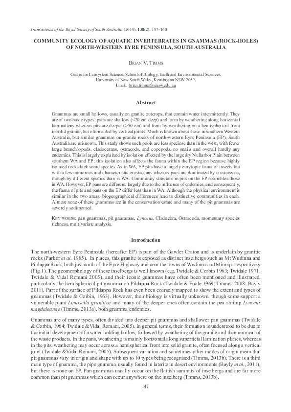 (PDF) Community Ecology of Aquatic Invertebrates in Gnammas (Rock-Holes ...