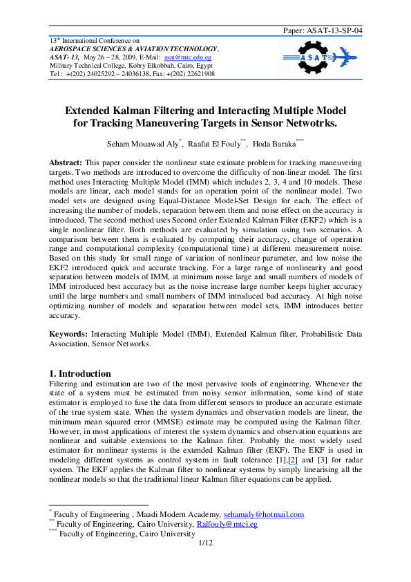 (PDF) Extended Kalman filtering and Interacting Multiple Model for tracking maneuvering targets ...
