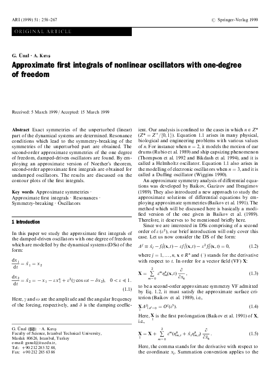 (PDF) Approximate first integrals of nonlinear oscillators with one-degree of freedom