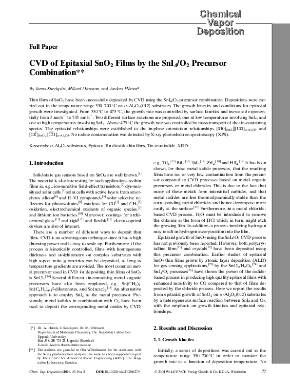 (PDF) CVD of Epitaxial SnO2 Films by the SnI4/O2 Precursor Combination