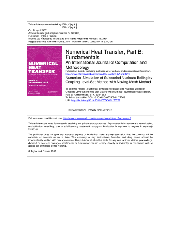 Pdf Numerical Simulation Of Subcooled Nucleate Boiling By Coupling Level Set Method With