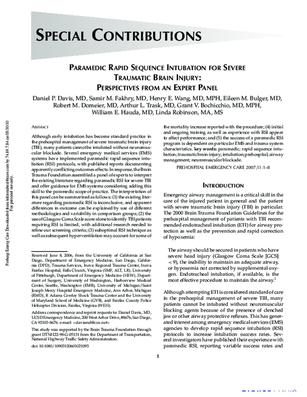 (PDF) Paramedic Rapid Sequence Intubation for Severe Traumatic Brain Injury: Perspectives from ...