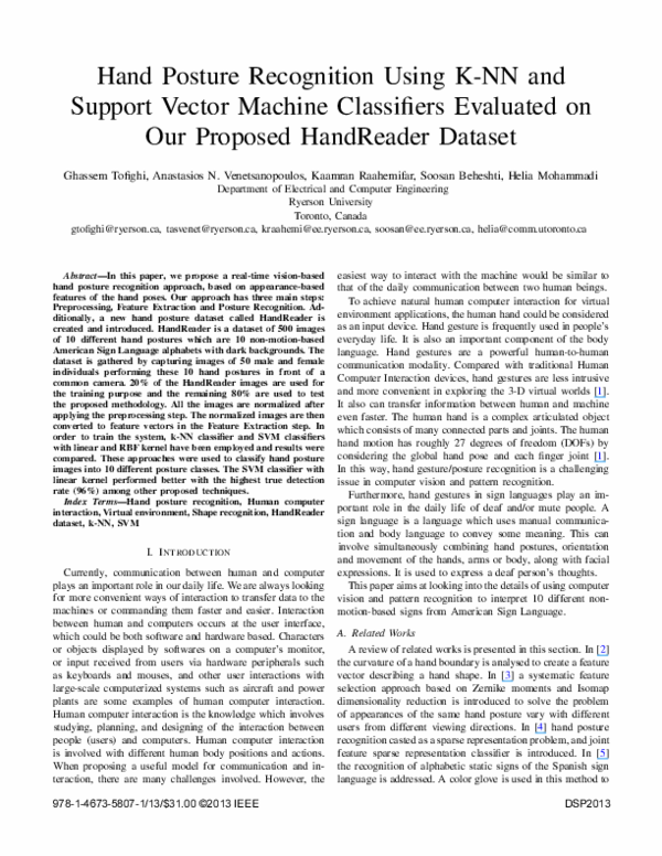 Pdf Hand Posture Recognition Using K Nn And Support Vector Machine Classifiers Evaluated On