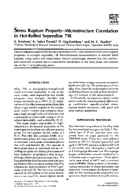 Pdf Stress Rupture Property Microstructure Correlation In Hot Rolled Superalloy 718