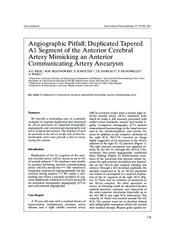 (PDF) Angiographic pitfall: duplicated tapered A1 segment of the anterior cerebral artery ...