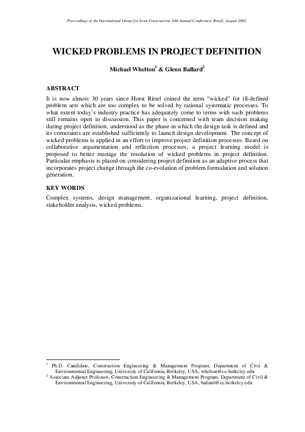 (PDF) Wicked problems in project definition