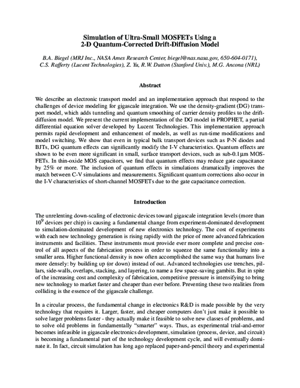 (PDF) Simulation of ultra-small MOSFETs using a 2-D quantum-corrected drift-diffusion model