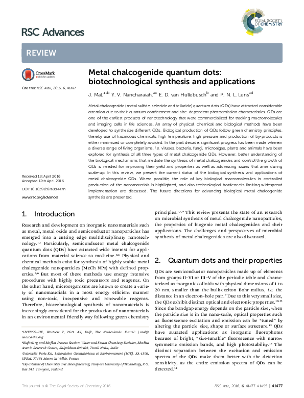 (PDF) Metal chalcogenide quantum dots: biotechnological synthesis and applications