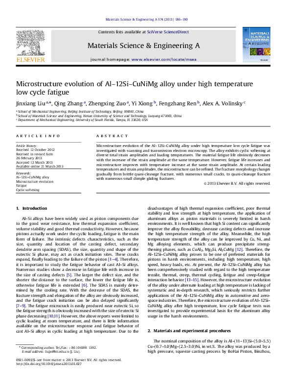 (PDF) Microstructure evolution of Al–12Si–CuNiMg alloy under high temperature low cycle fatigue ...