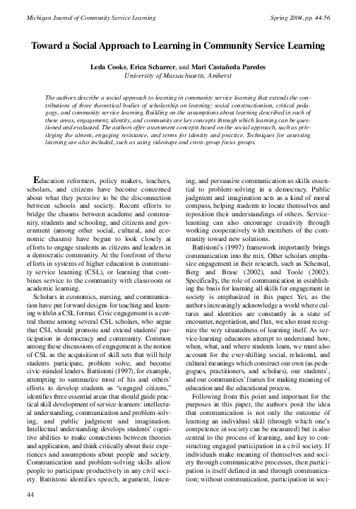 (PDF) Toward a Social Approach to Learning in Community Service Learning