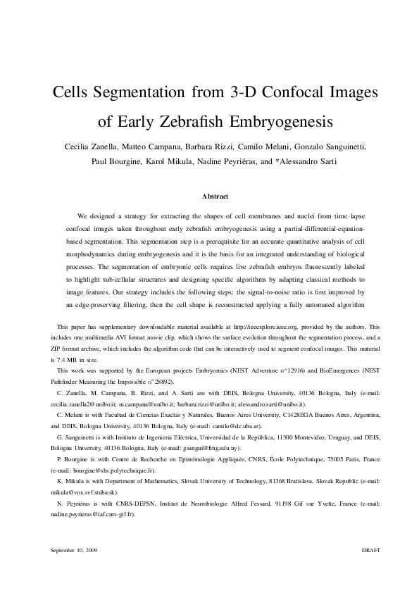 (PDF) Cells Segmentation From 3-D Confocal Images of Early Zebrafish Embryogenesis