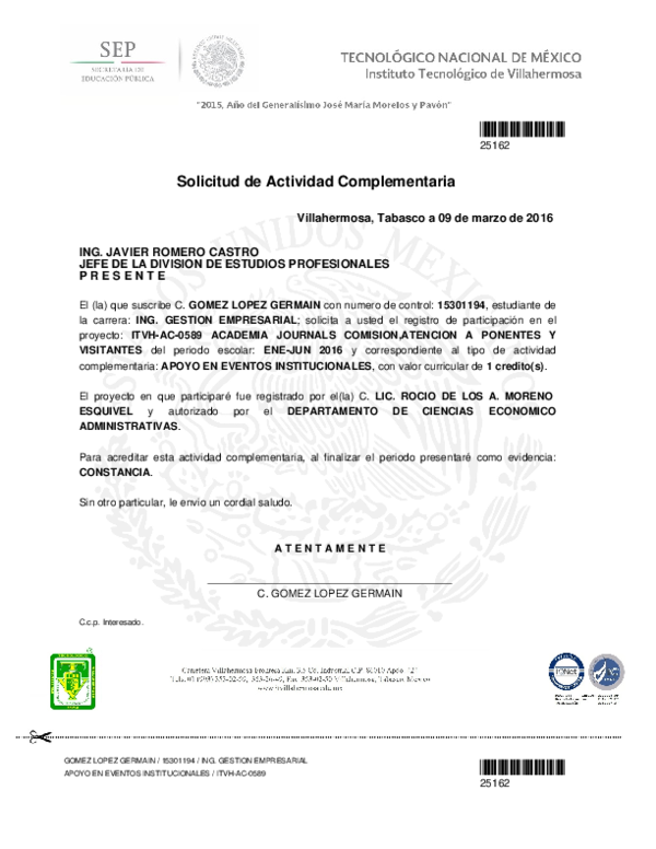 (PDF) Solicitud de Actividad Complementaria