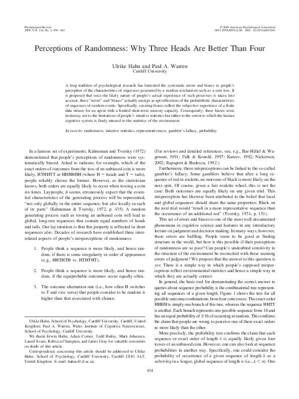 (PDF) Perceptions of randomness: Why three heads are better than four