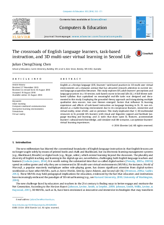 (PDF) The crossroads of English language learners, task-based instruction, and 3D multi-user ...
