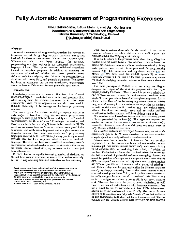 (PDF) Fully automatic assessment of programming exercises