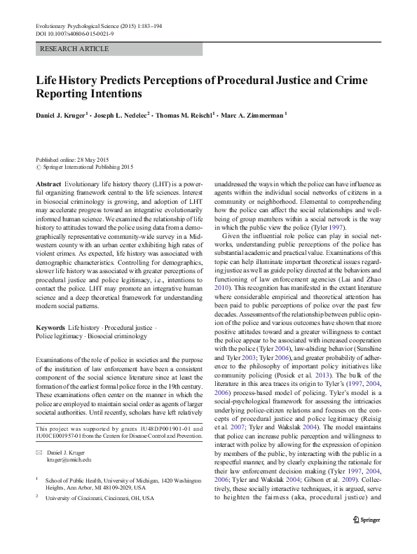 (PDF) Life History Predicts Perceptions of Procedural Justice and Crime ...