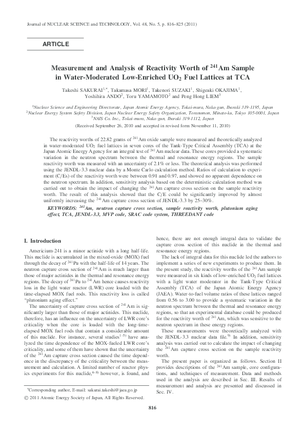 (PDF) Measurement and Analysis of Reactivity Worth of Am Sample in ...