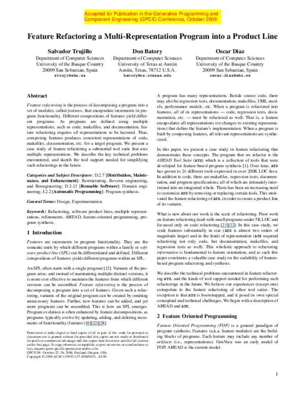 (PDF) Feature refactoring a multi-representation program into a product line | Oscar Díaz ...