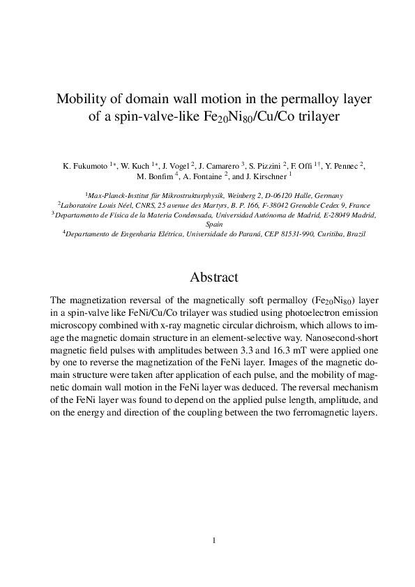 (PDF) Mobility of domain wall motion in the permalloy layer of a spin-valve-like trilayer