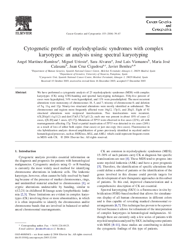 (PDF) Cytogenetic profile of myelodysplastic syndromes with complex ...