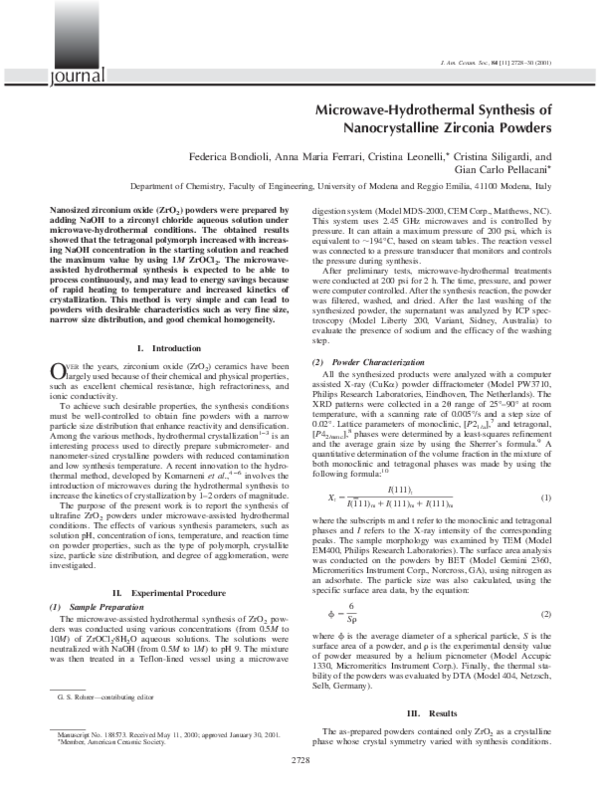 (PDF) Microwave-Hydrothermal Synthesis of Nanocrystalline Zirconia Powders